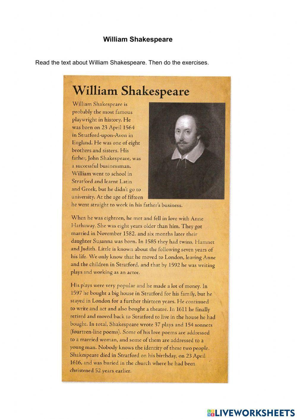 William Shakesp… | Free Interactive Worksheets | 1840321