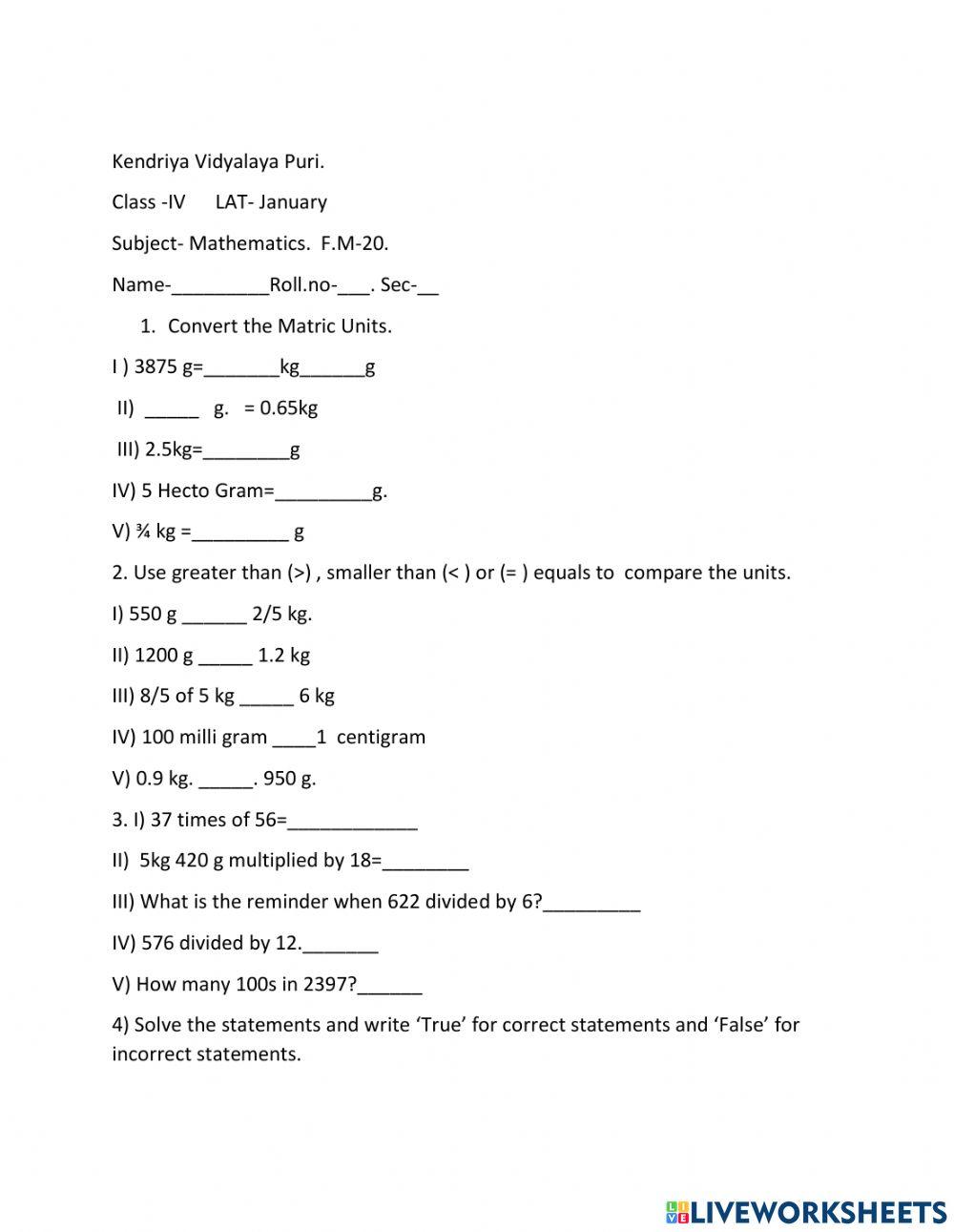 LAT JANUARY CLASS-IV MATHEMATICS online exercise for | Live Worksheets