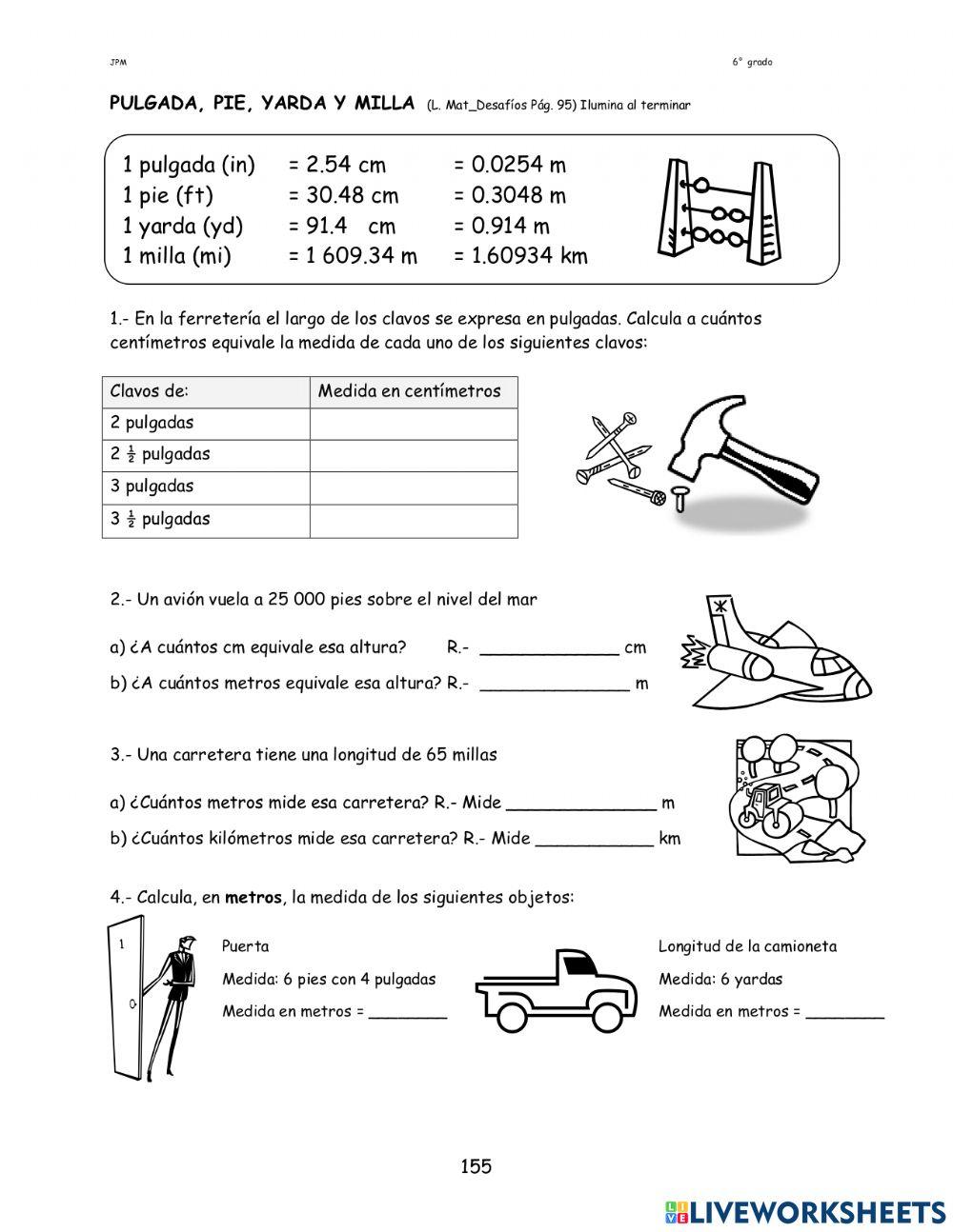 Pulgada, pie, yarda y milla online exercise for | Live Worksheets