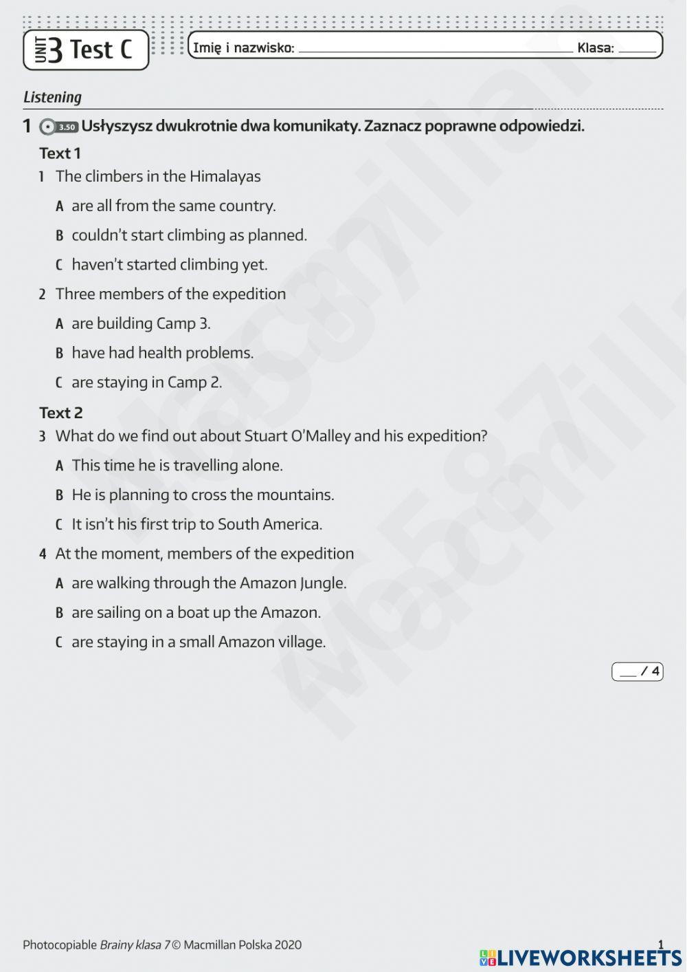Brainy 7 unit 3 test - dyslectic worksheet | Live Worksheets