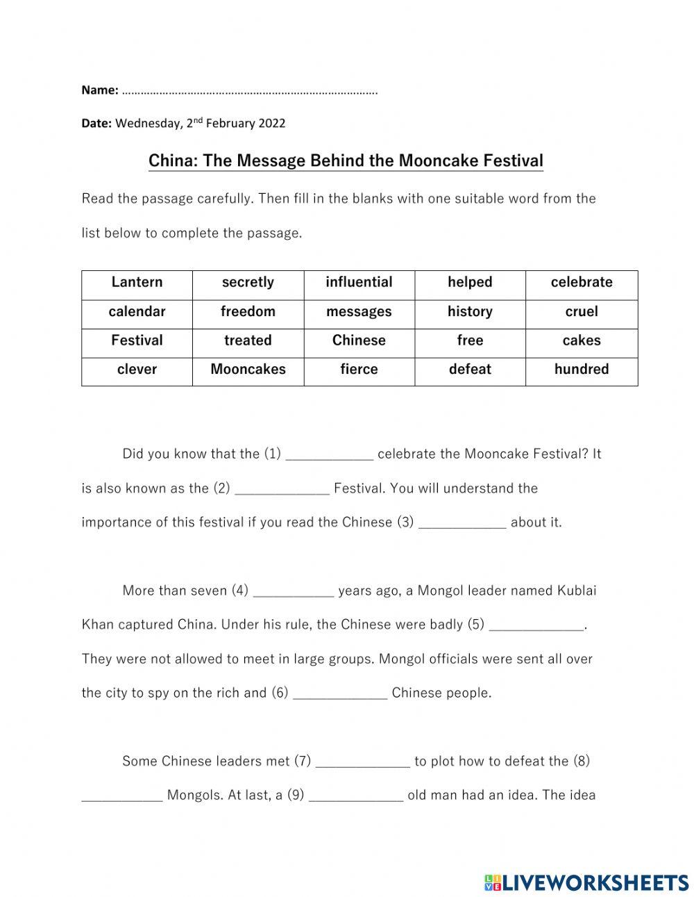 (2nd February) 6B: The Message behind the Mooncake Festival Cloze ...