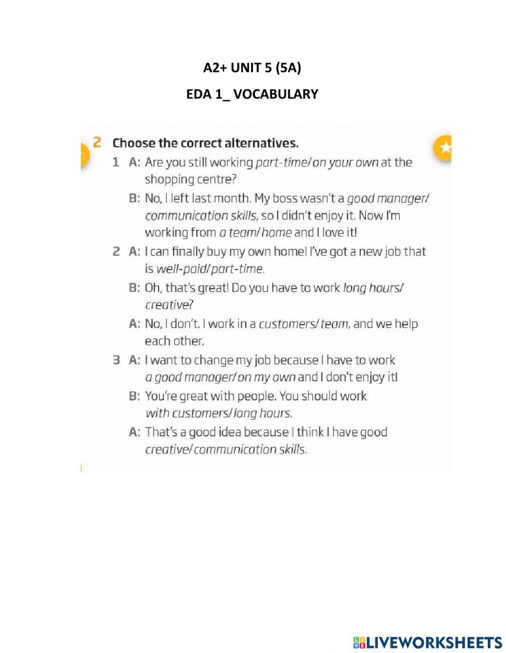 UNIT 5 -EDA 1-VOCABULARY- JOBS - SKILLS online exercise for | Live Worksheets