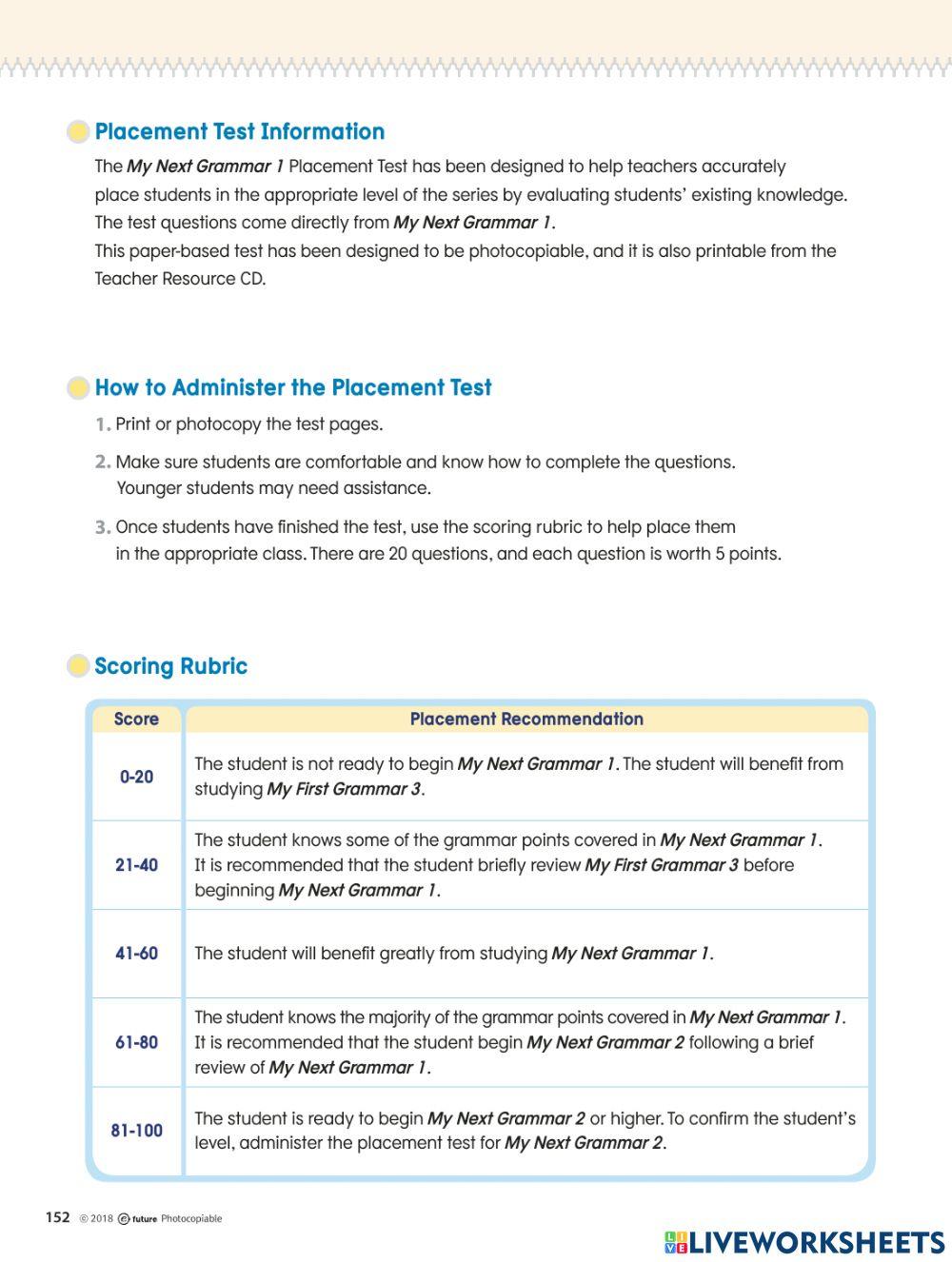 Placement test my next grammar 1 worksheet | Live Worksheets