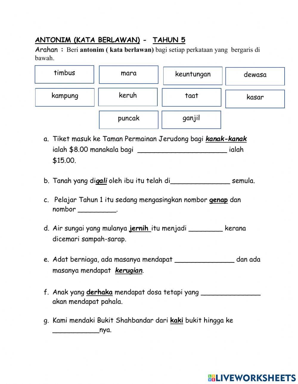 Antonim online pdf worksheet | Live Worksheets
