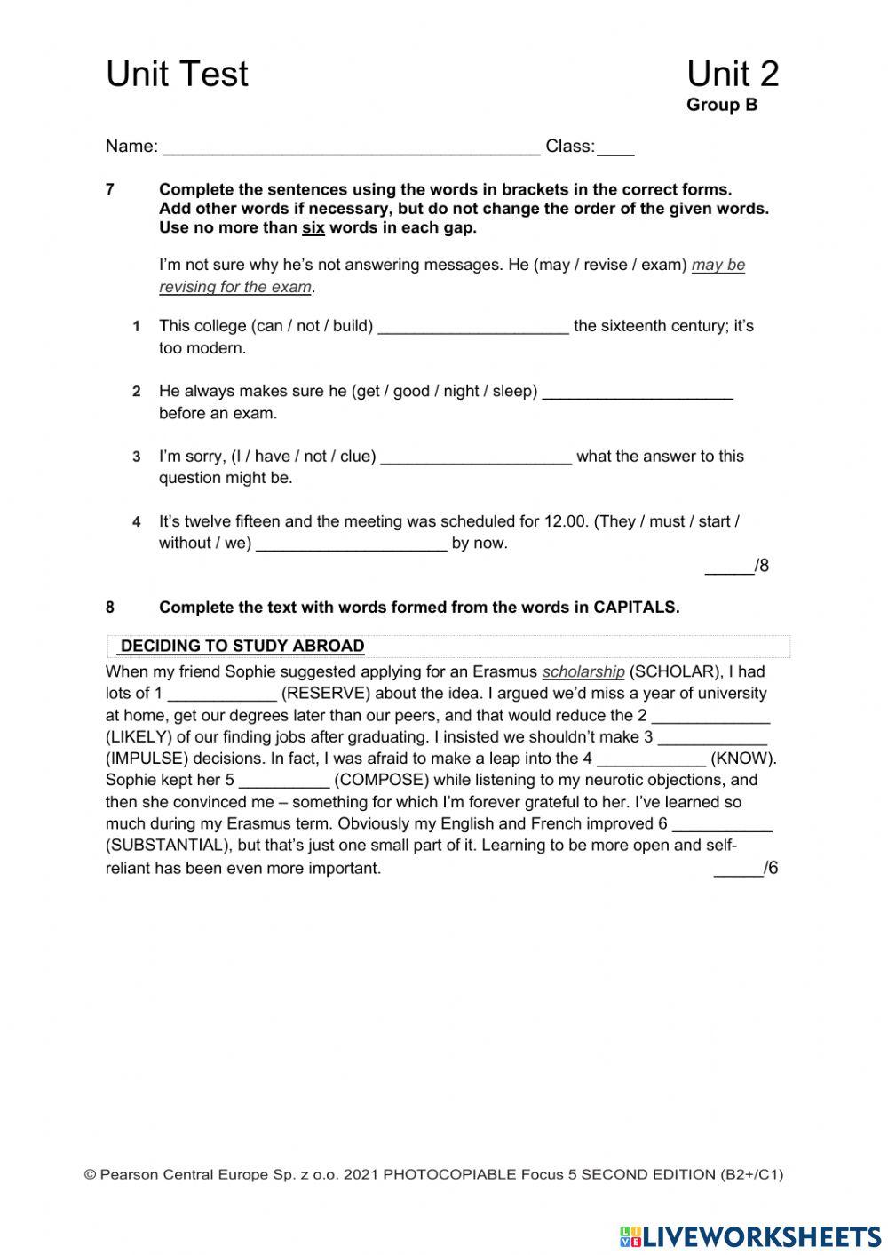 FOCUS 5 UNIT 2B online exercise for | Live Worksheets