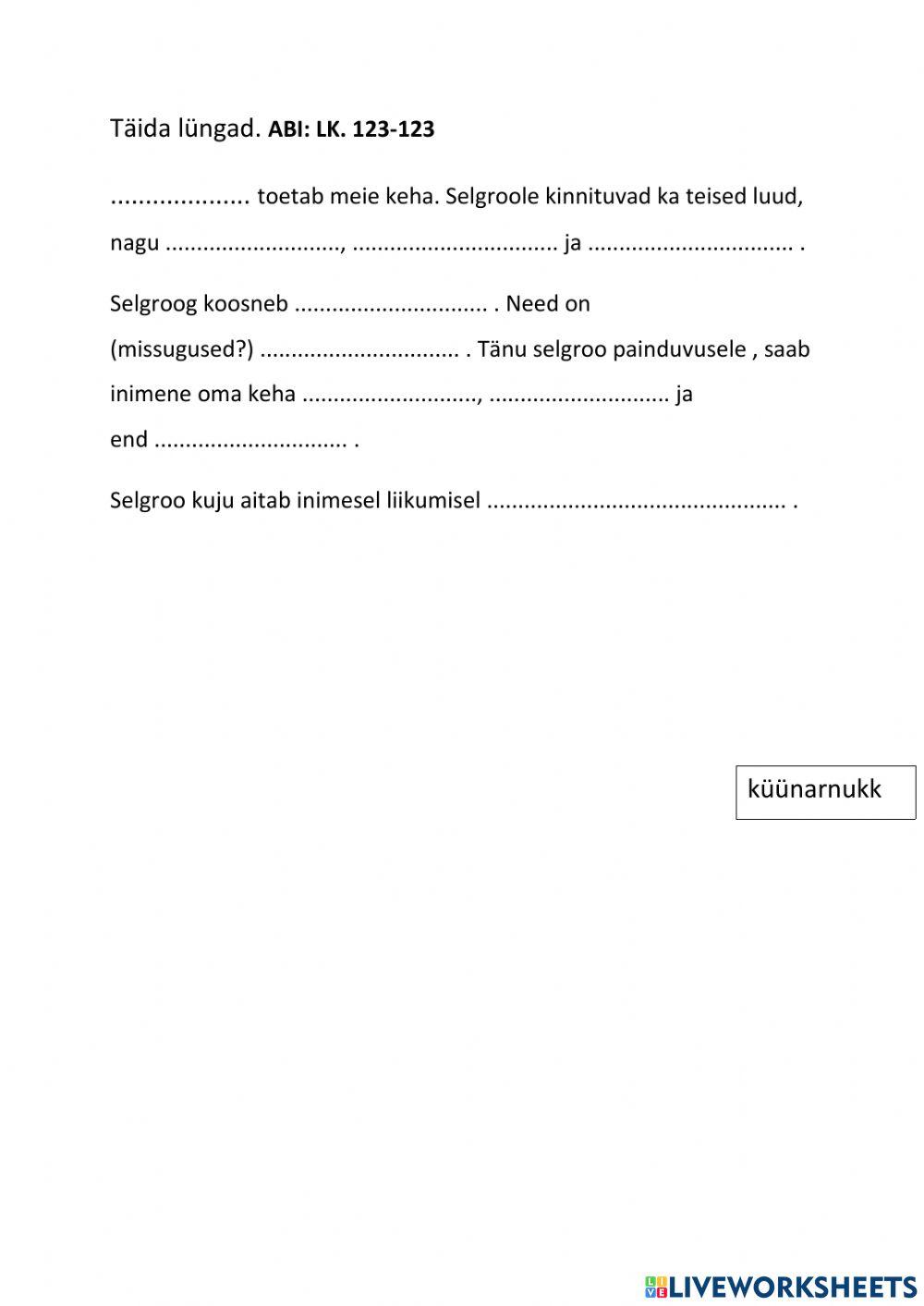 Selgroog on keha tugi worksheet | Live Worksheets
