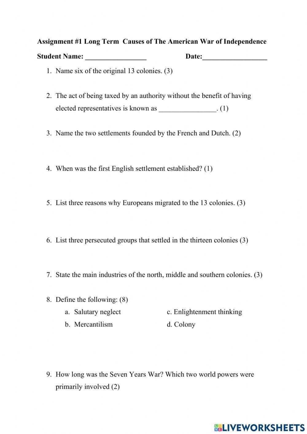 Long Term Causes of The AWI online exercise for | Live Worksheets