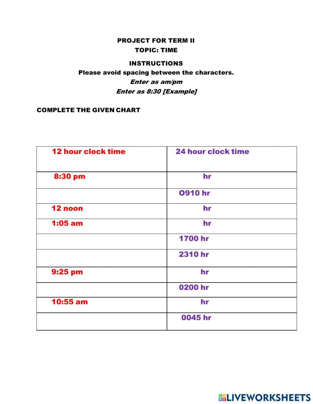 24 HR CLOCK TIME online exercise for | Live Worksheets
