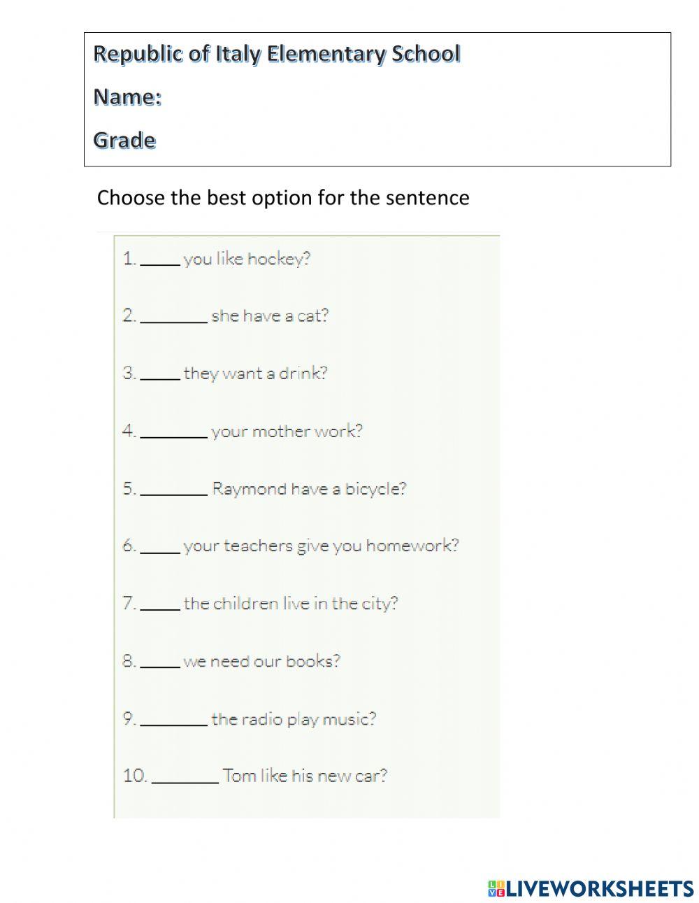 choose the best option online exercise for | Live Worksheets