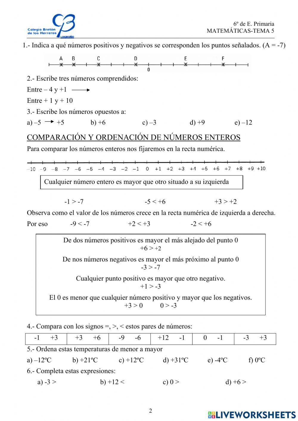 Numeros enteros… | Free Interactive Worksheets | 1862981