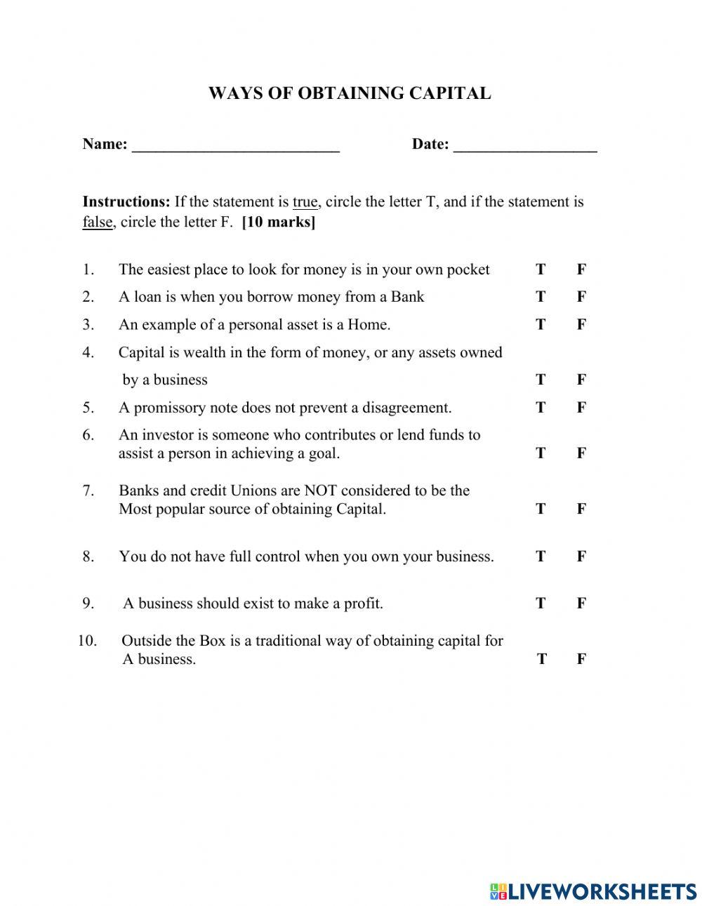 Ways Of Obtaining Capital interactive worksheet | Live Worksheets