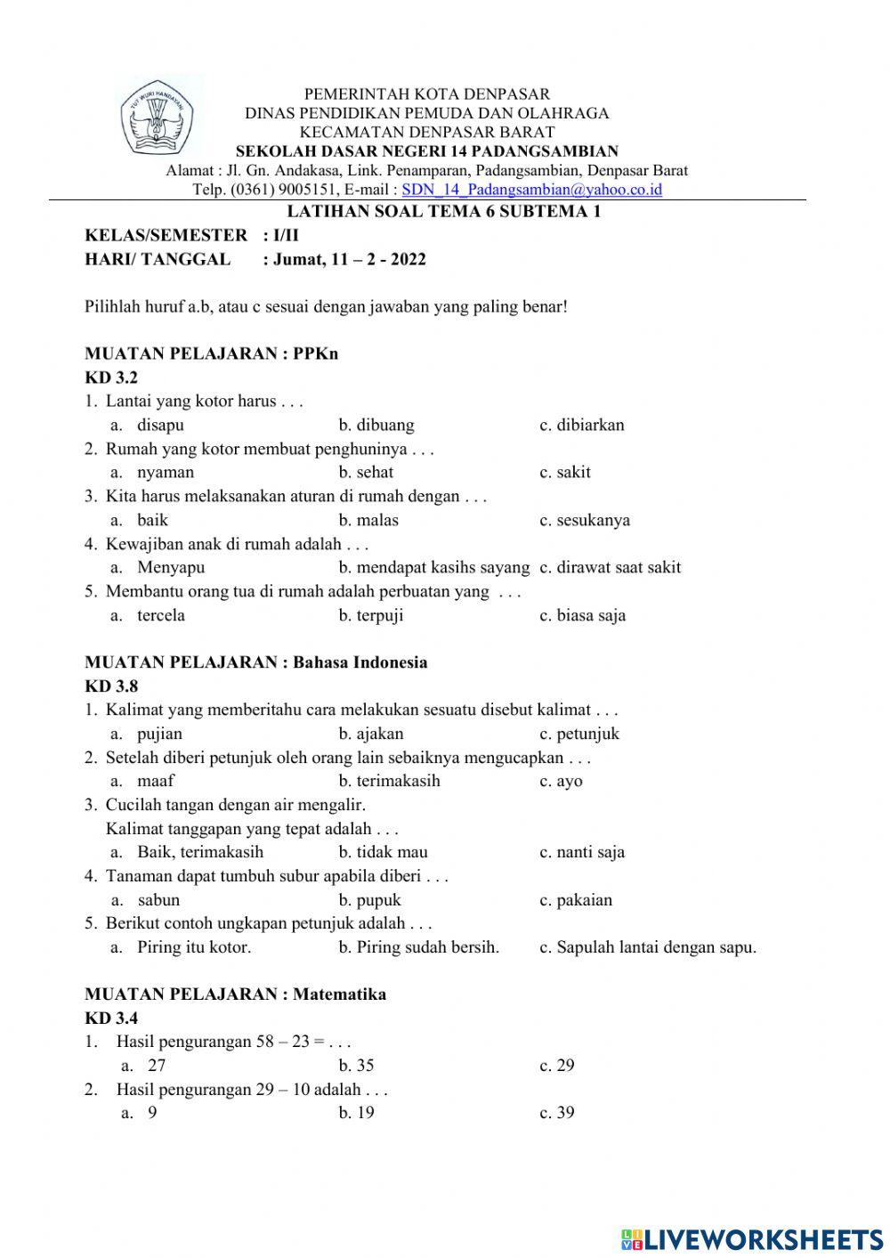 Latihan soal tema 6 subtema 1 interactive worksheet | Live Worksheets