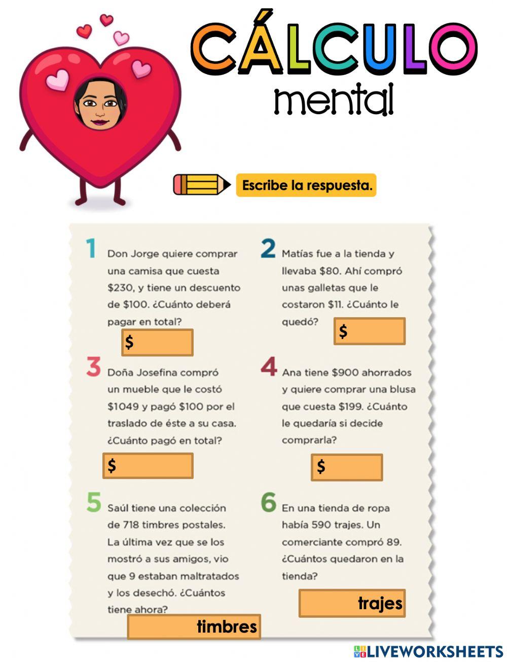 Cálculo mental 1864849 | Tania Gonzalez | LiveWorksheets