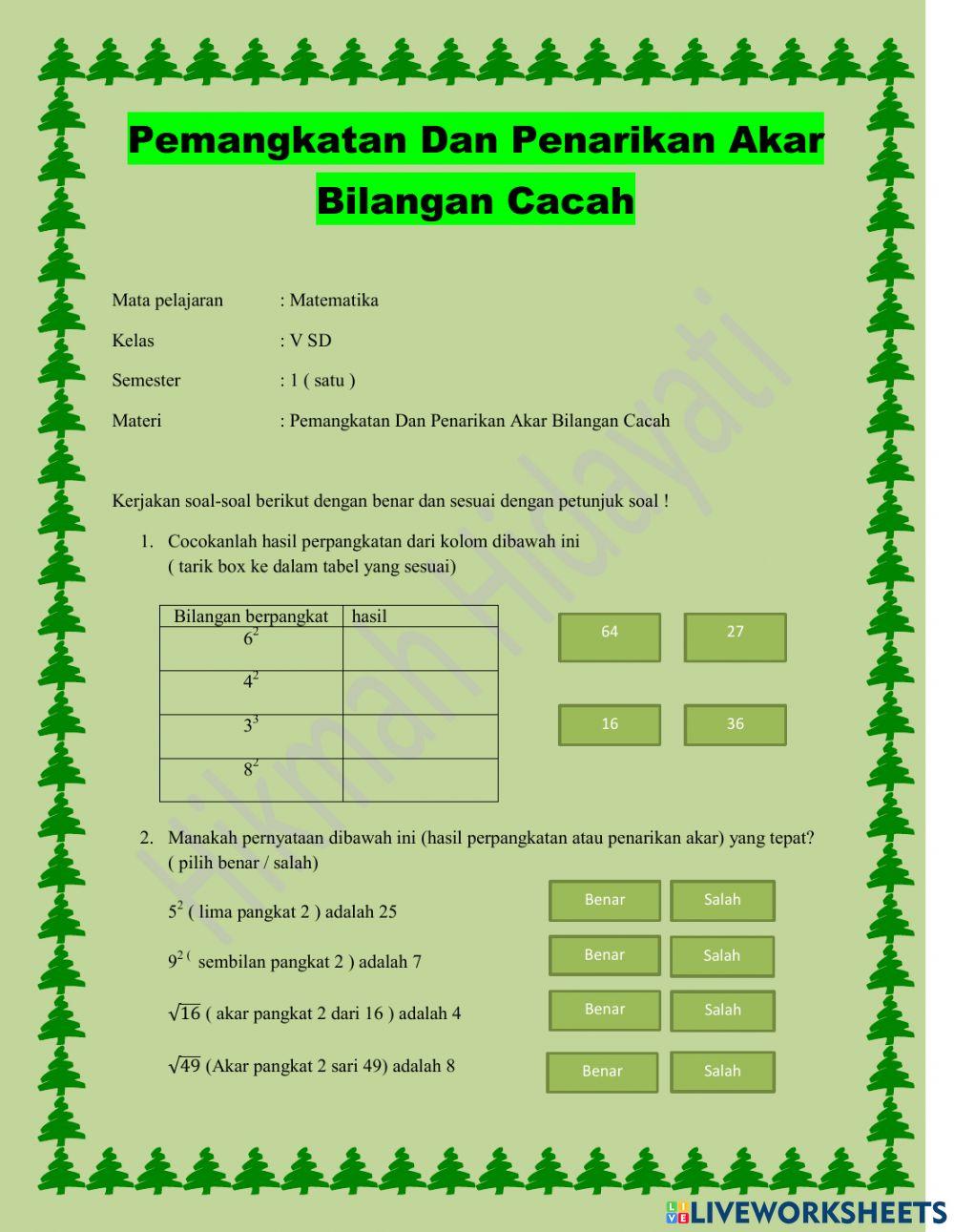 Pemangkatan dan penarikan akar bilangan cacah interactive worksheet ...