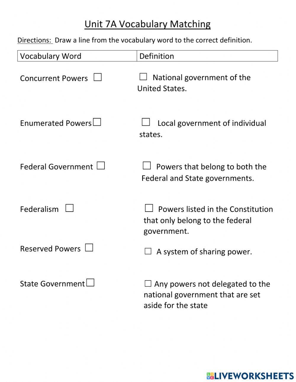 Unit 7A Vocabulary Matching worksheet | Live Worksheets