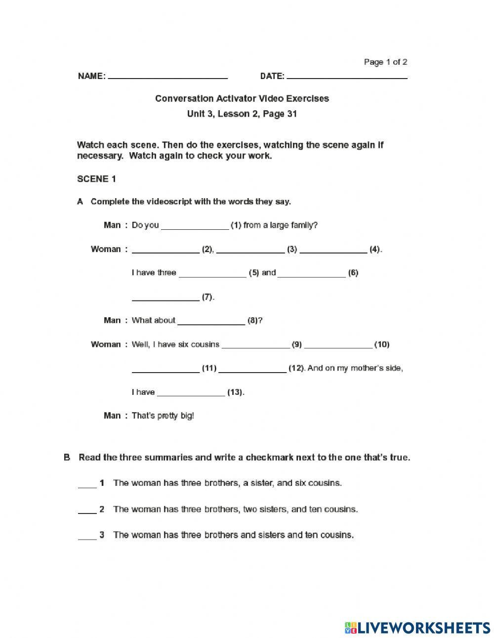 Conversation Activator Video Exercises Unit 3 Lesson 2