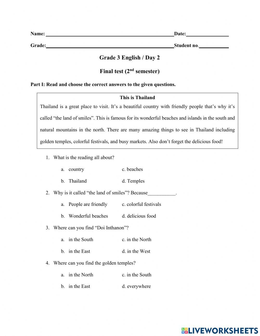 Grade 3 English Final Test (2nd sem - Day 2) worksheet | Live Worksheets