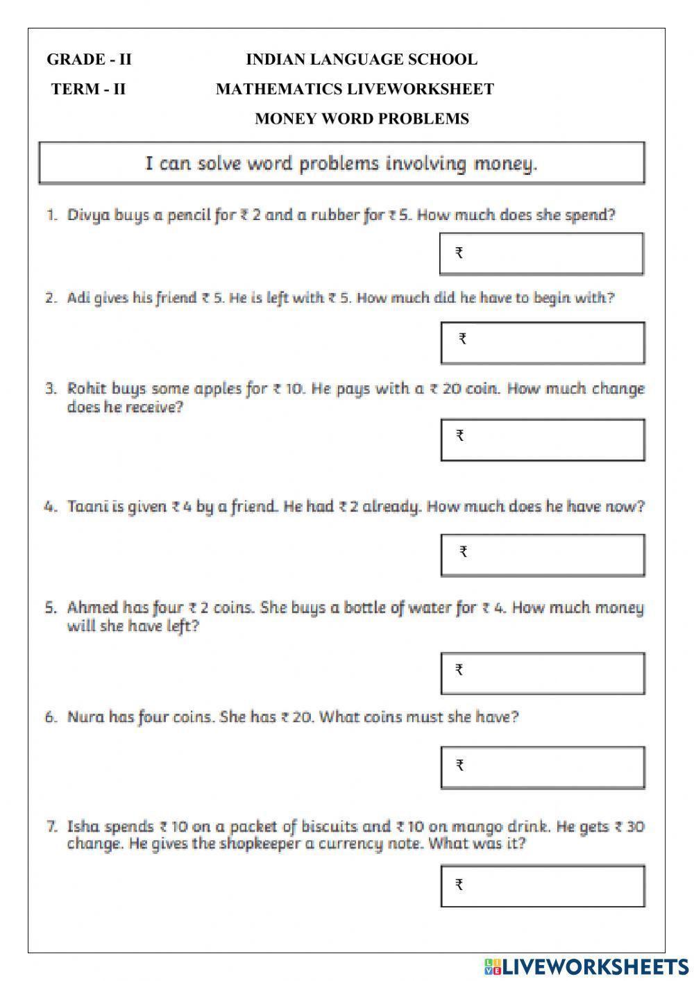 Money word problems 1867639 | DollyArora | Live