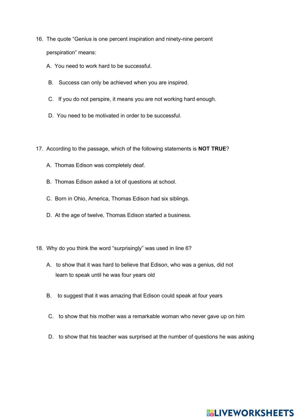 Multiple Choice Comprehension 1 online exercise for | Live Worksheets