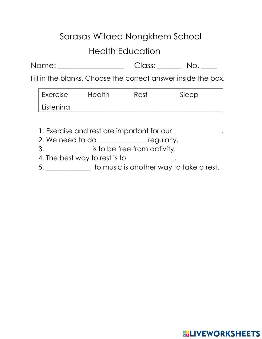 Health Class 1 PA Test online exercise for | Live Worksheets