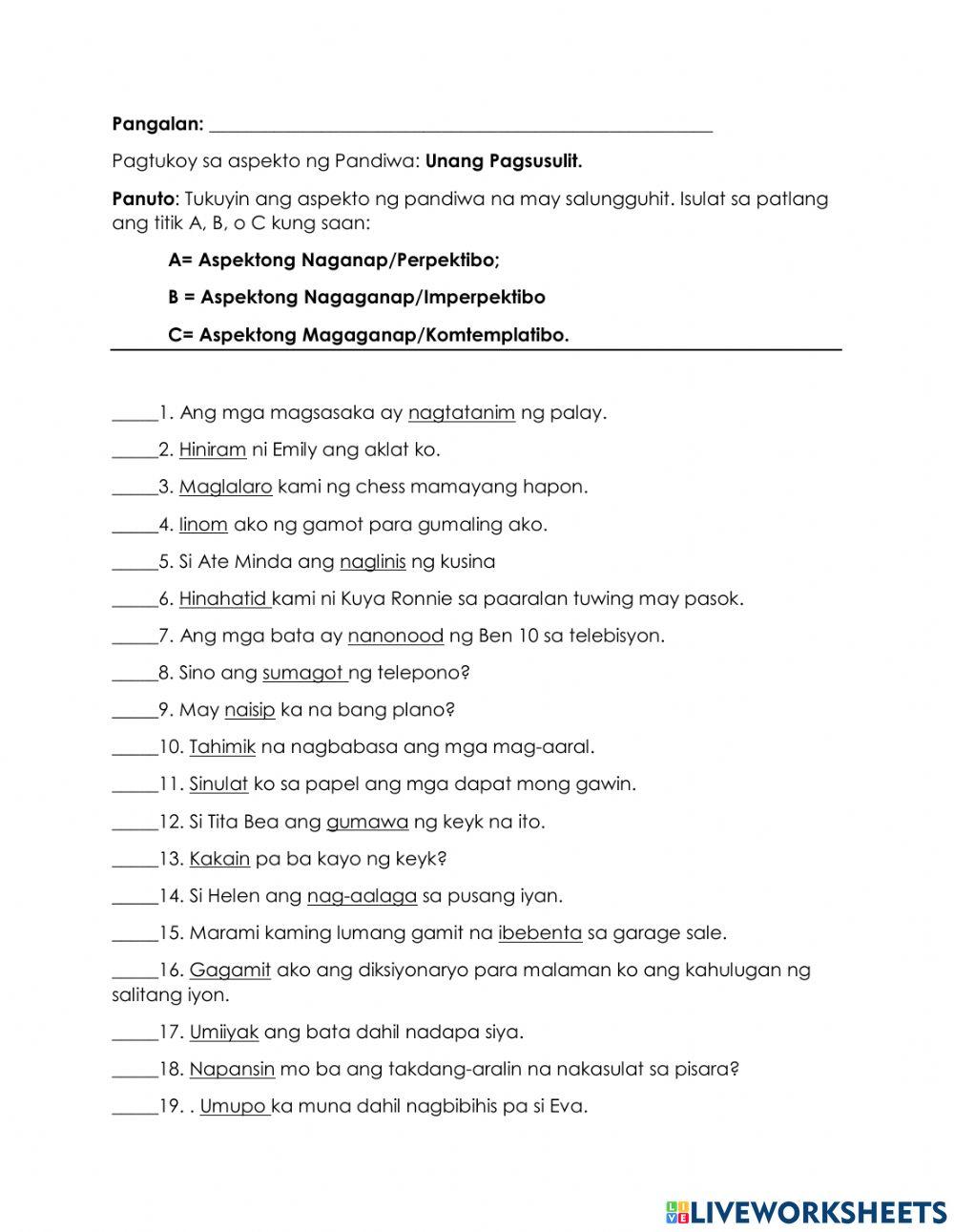 Aspekto ng Pandiwa online exercise for | Live Worksheets