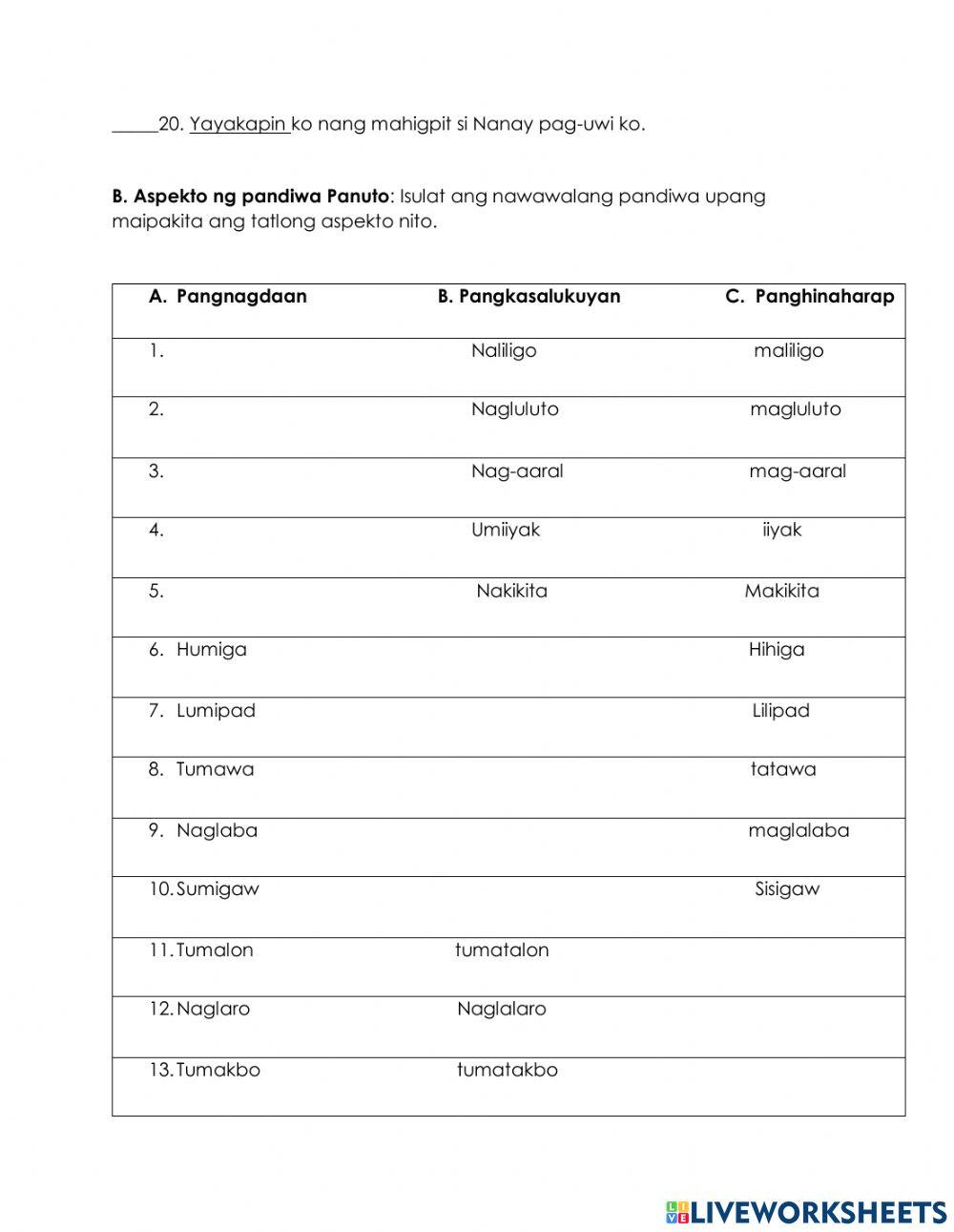 Aspekto ng Pandiwa online exercise for | Live Worksheets