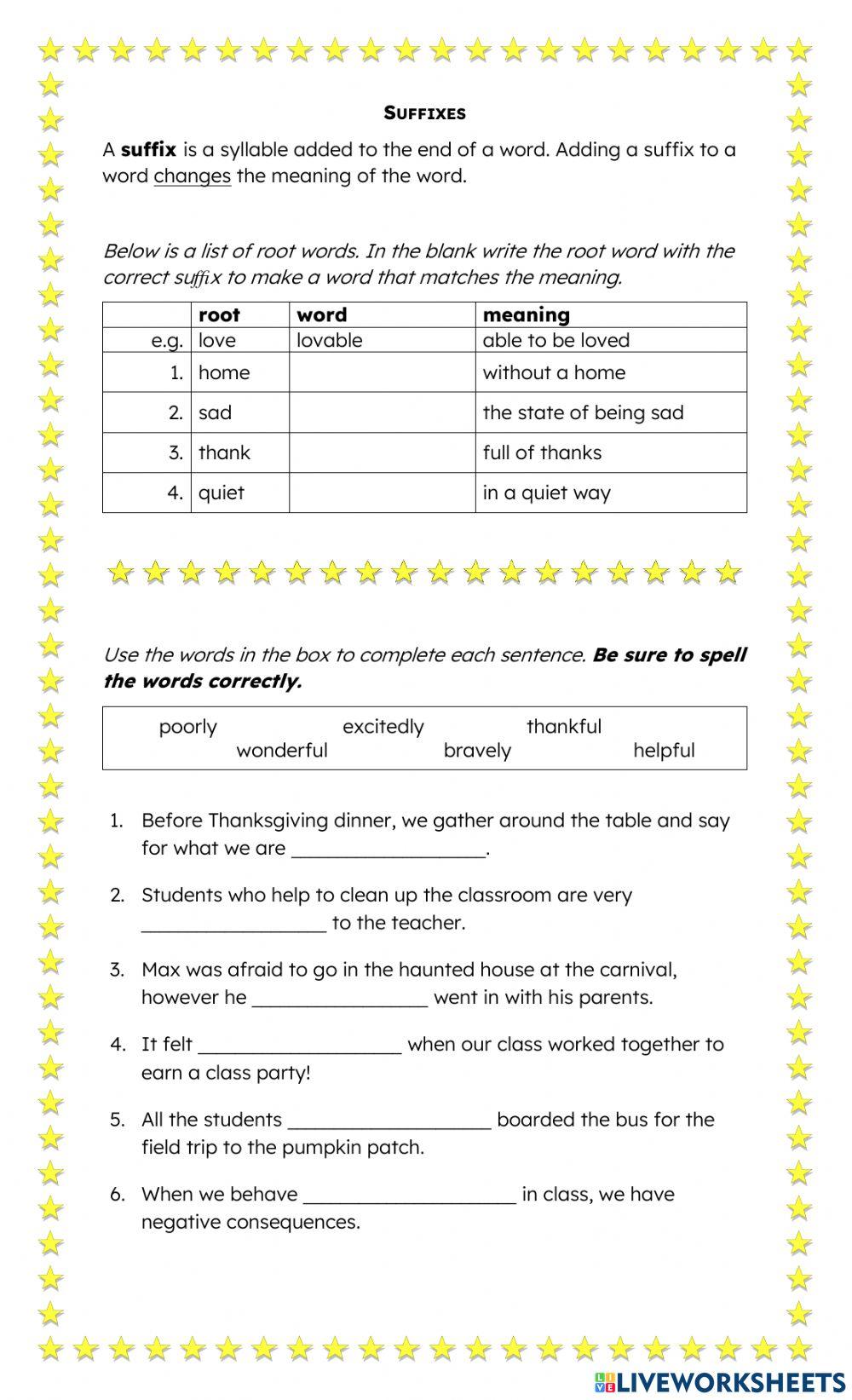 Suffixes online exercise for Std. 1 | Live Worksheets