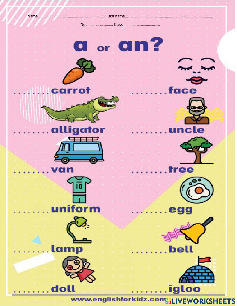 A , an worksheet | Live Worksheets
