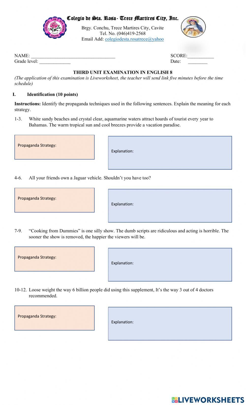 3rd Unit Examination Engl8 worksheet | Live Worksheets