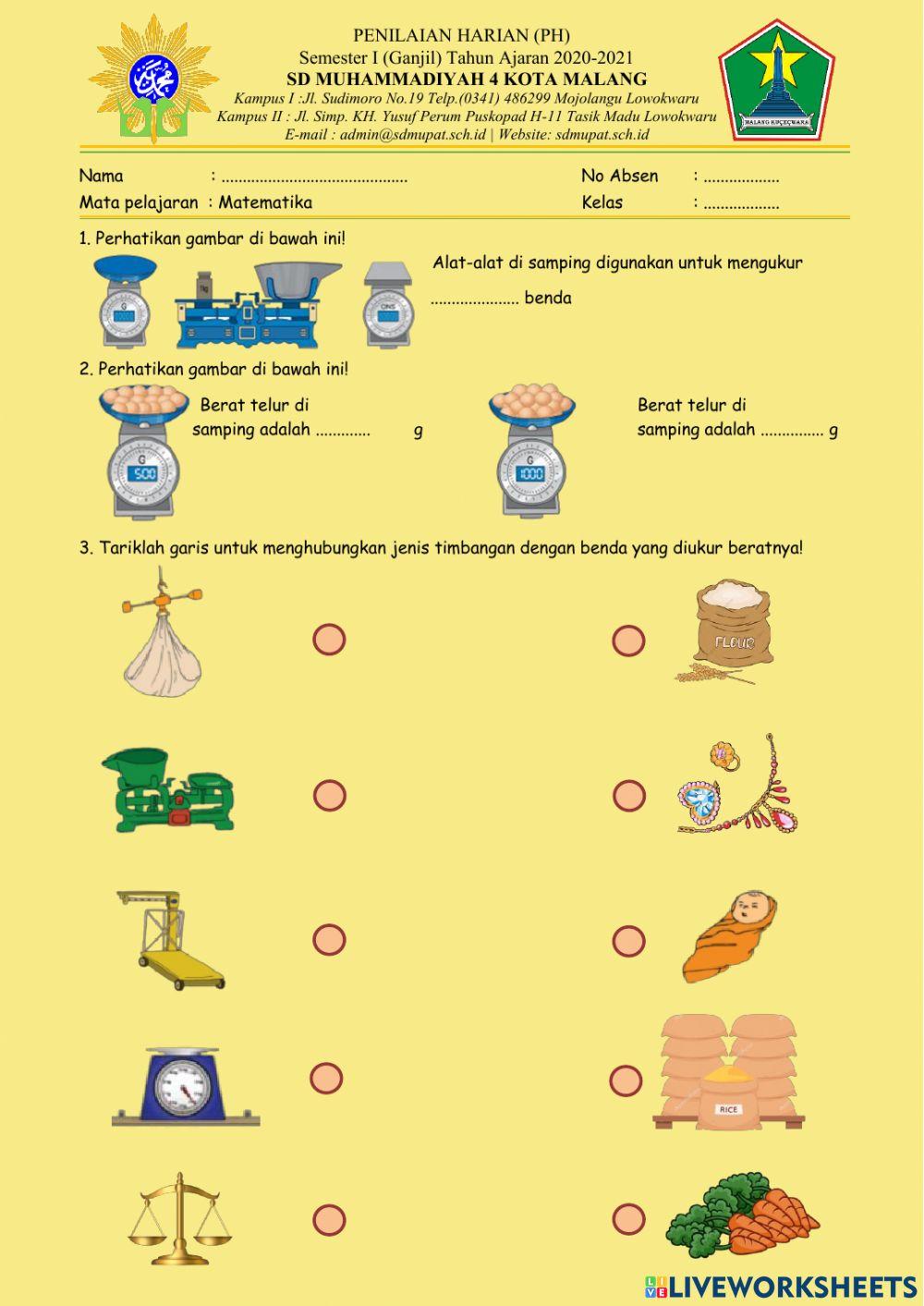 Worksheet Matematika Satuan Berat dan Jenis Timbangan