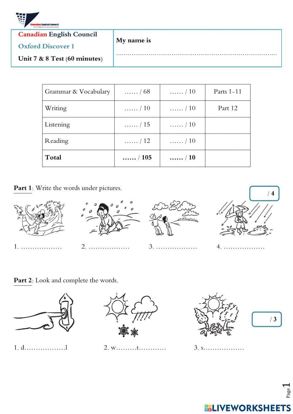 D1 Test Unit 7-8 worksheet | Live Worksheets