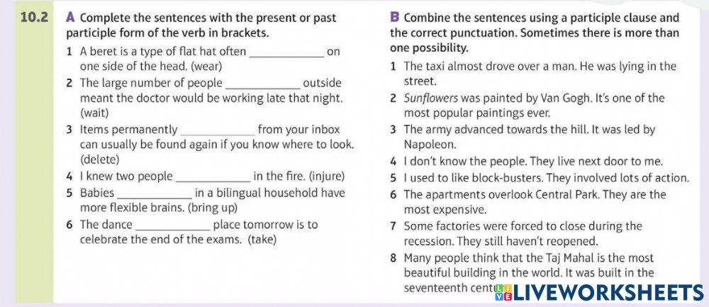 Participle Clause worksheet | Live Worksheets