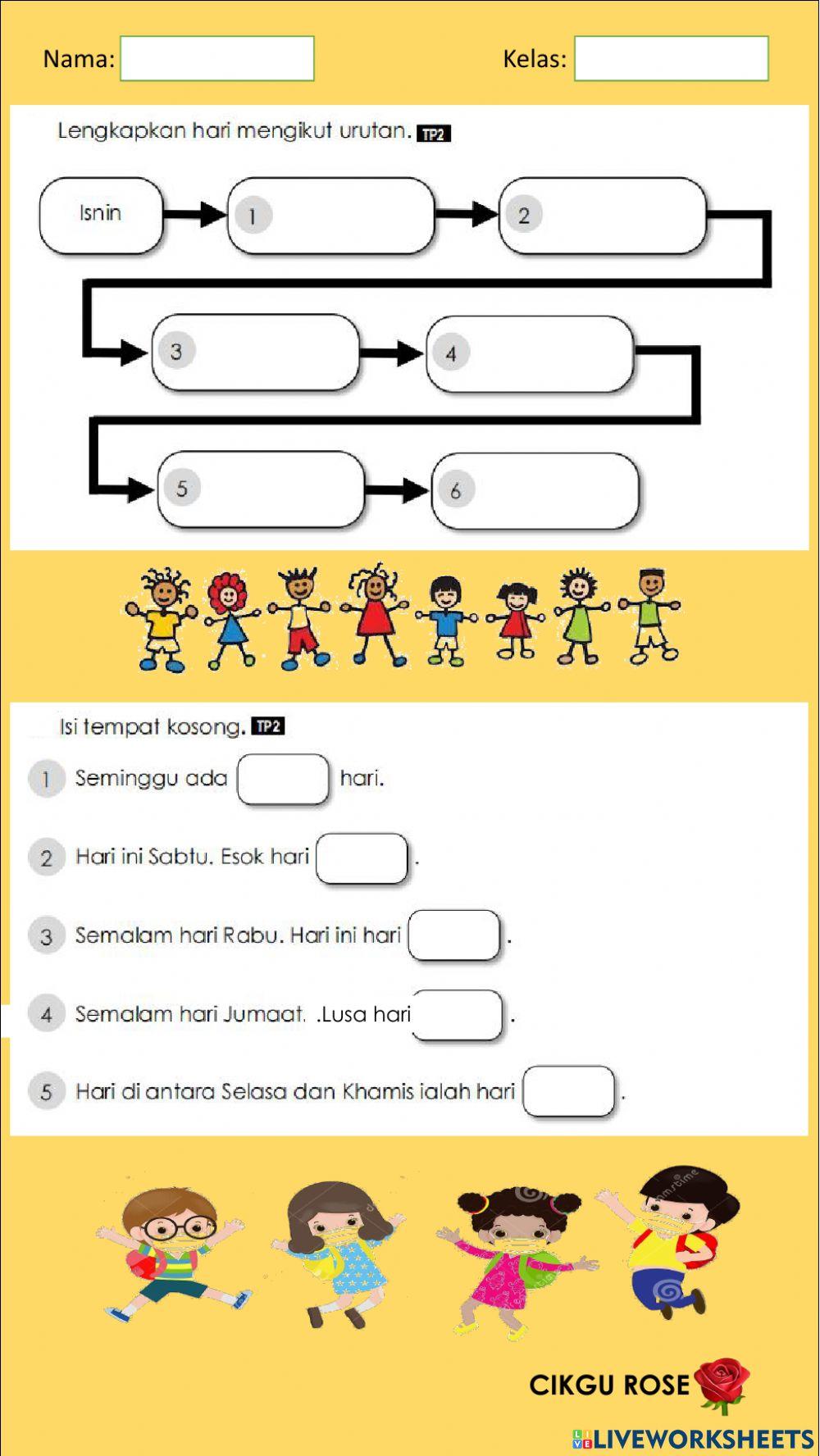 Hari dalam seminggu online activity for tahun 1 | Live Worksheets