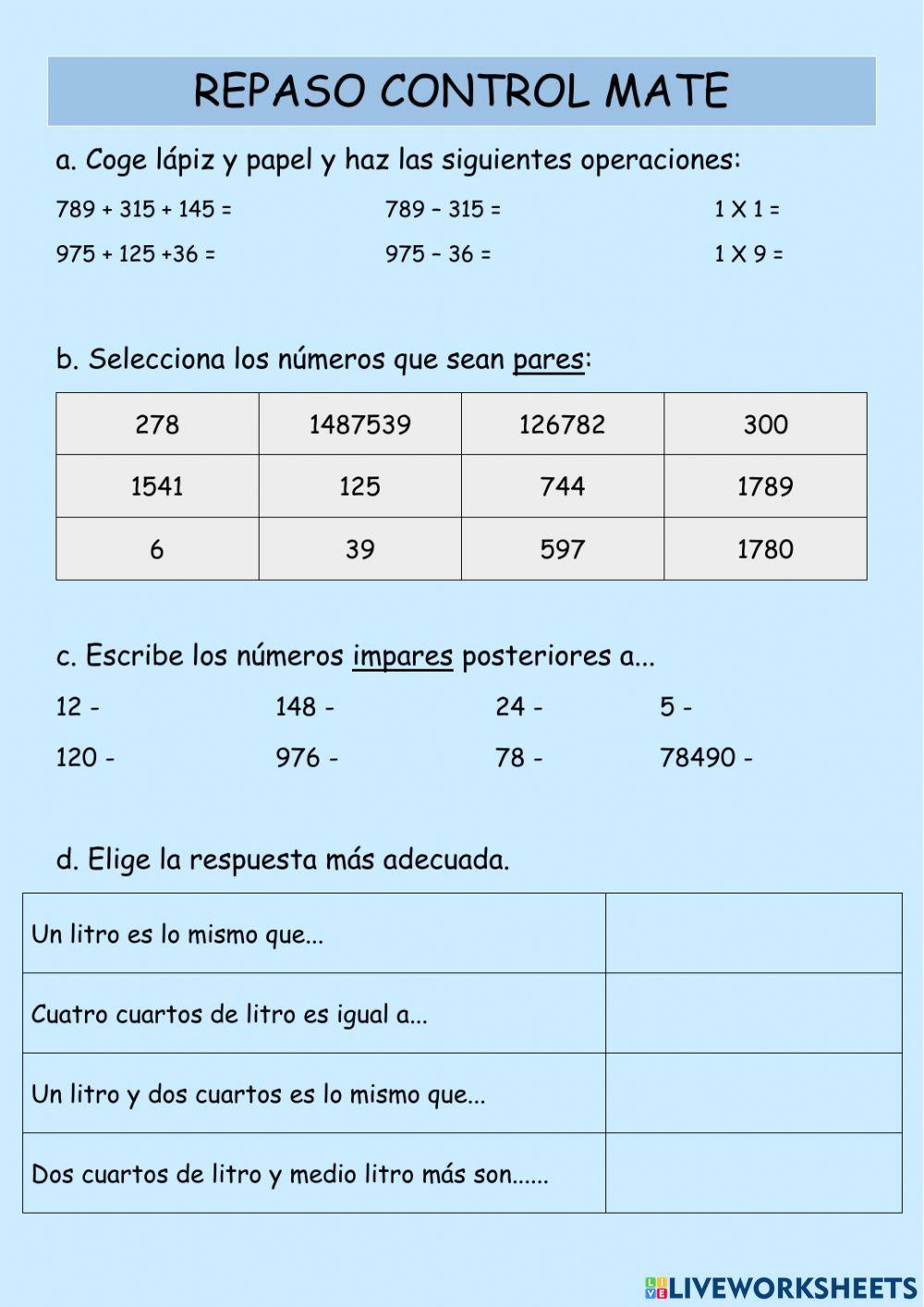 Repaso mate interactive worksheet for 2º | Live Worksheets
