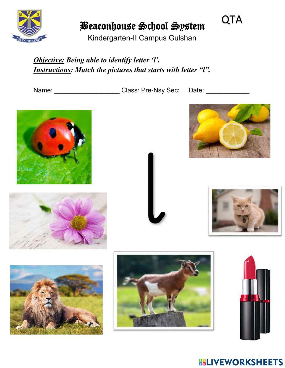 Letter l online pdf exercise | Live Worksheets
