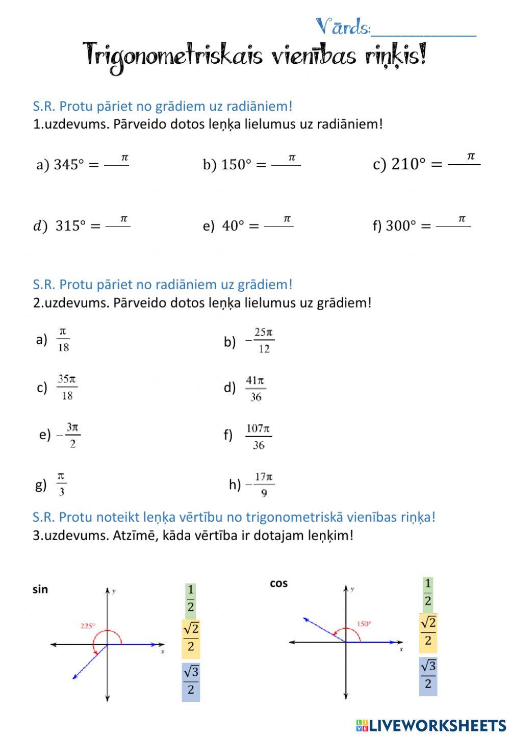 Trigonometriskais vienības riņķis worksheet | Live Worksheets