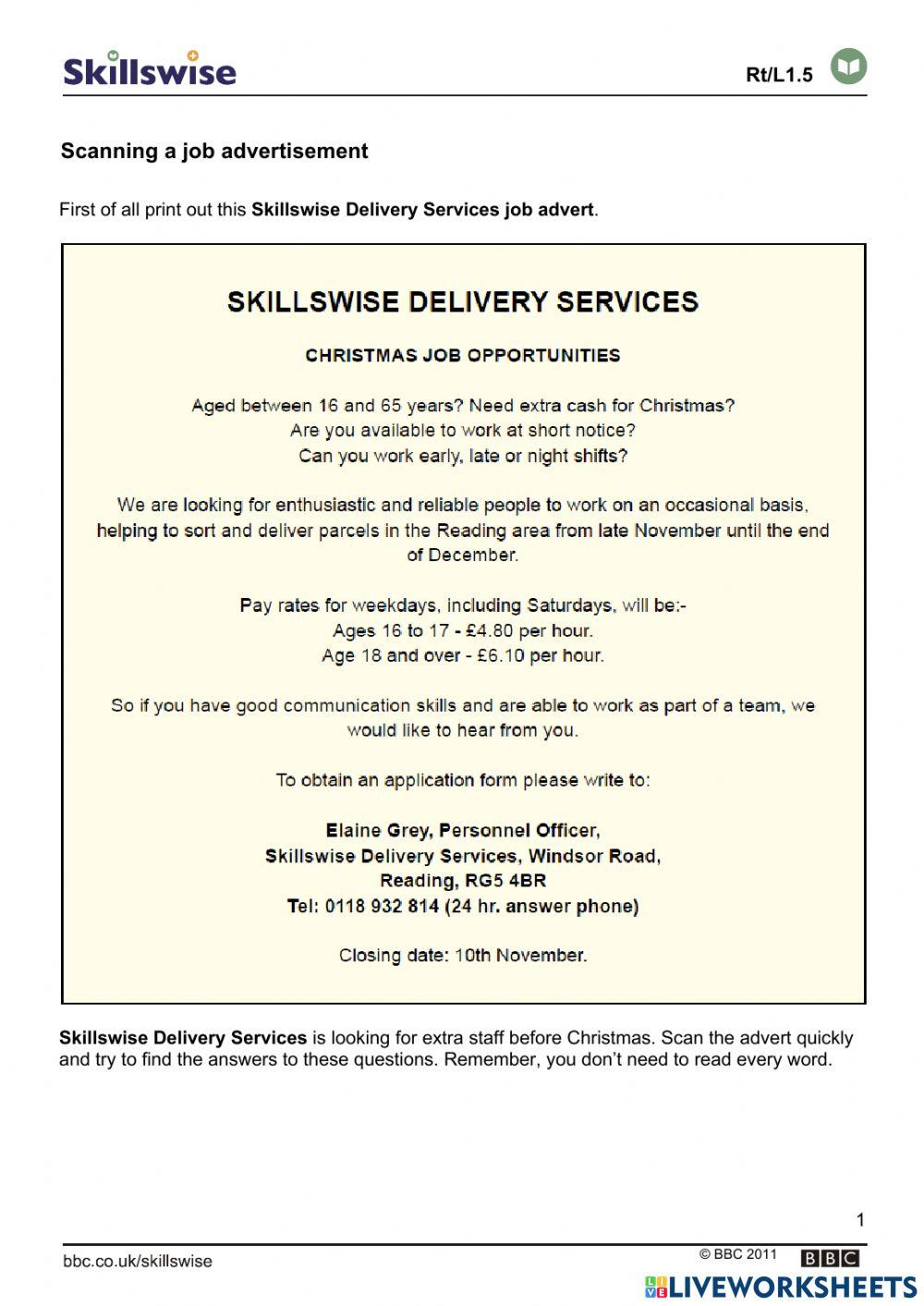 Scanning a job advertisement - 15 February online exercise for | Live ...