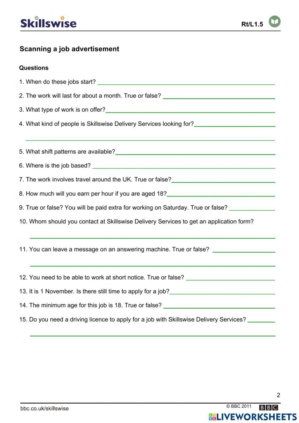 Scanning a job advertisement - 15 February online exercise for | Live ...