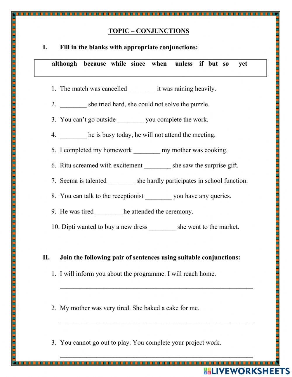 Conjunctions | Free Interactive Worksheets | 1873183