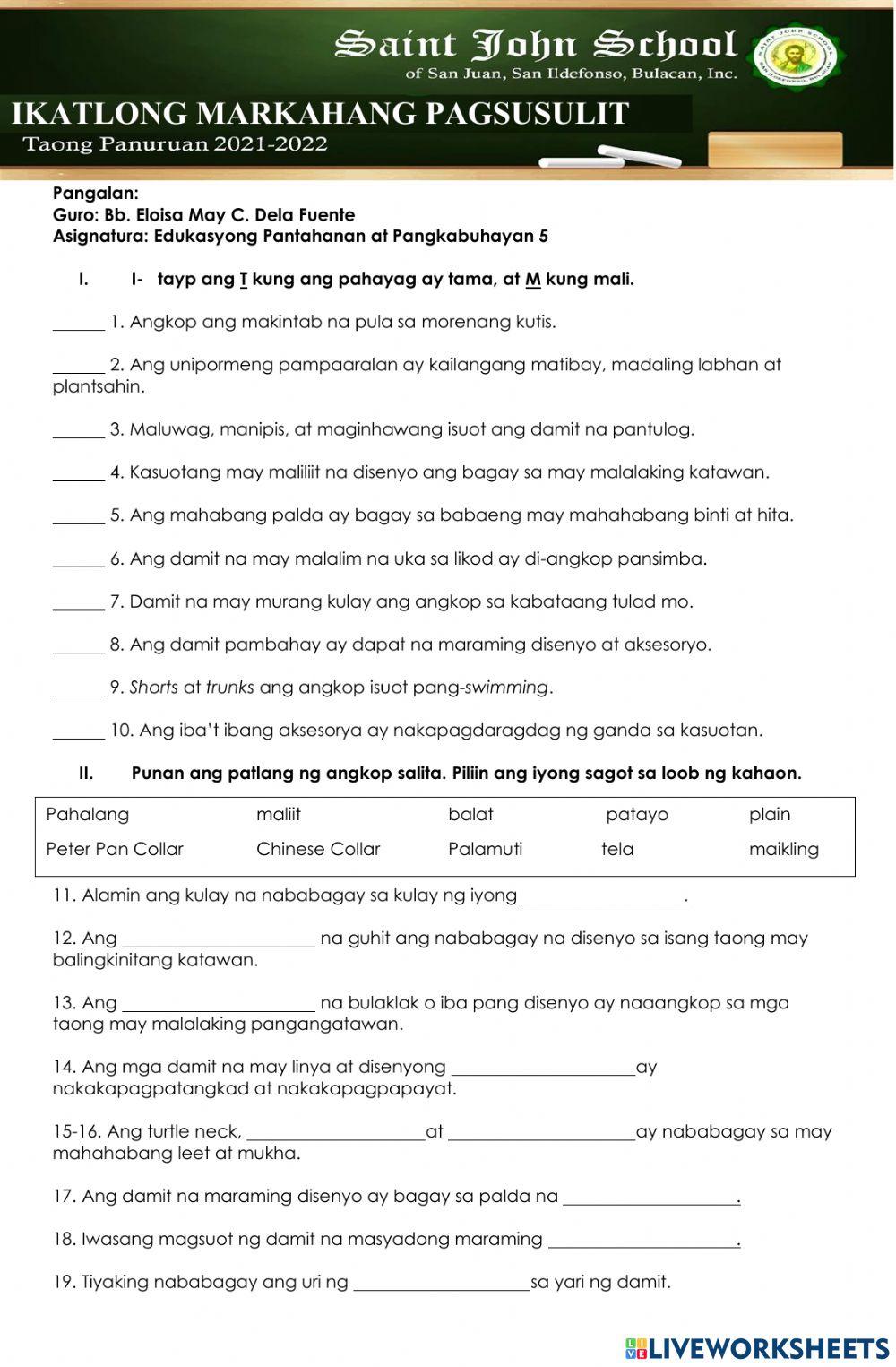 EPP 5 PERIODICAL EXAMINATION 6833939 | Teachereloi27