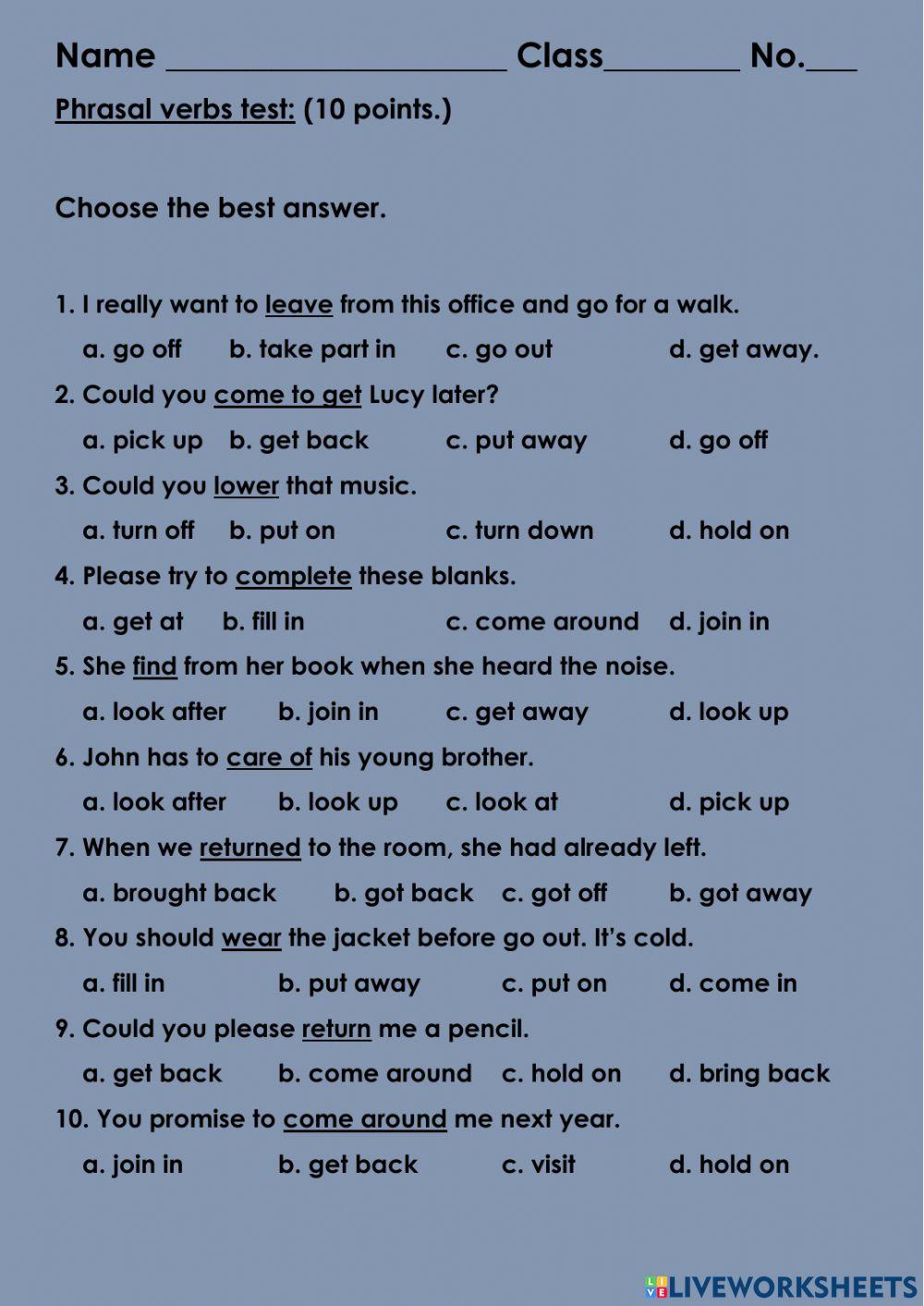 Phrasal verb, 1873506 | Suriya10 | LiveWorksheets