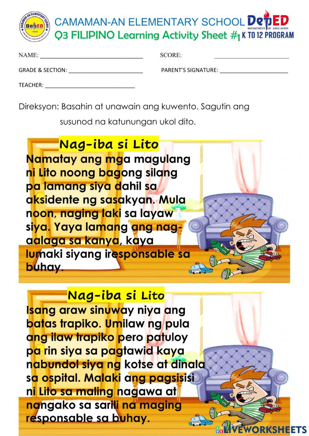 Q3 week 2 filipino learning act. sheet 1 worksheet | Live Worksheets