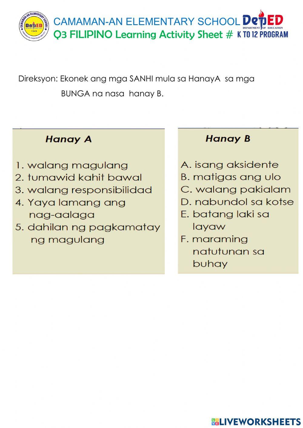Q3 week 2 filipino learning act. sheet 1 worksheet | Live Worksheets