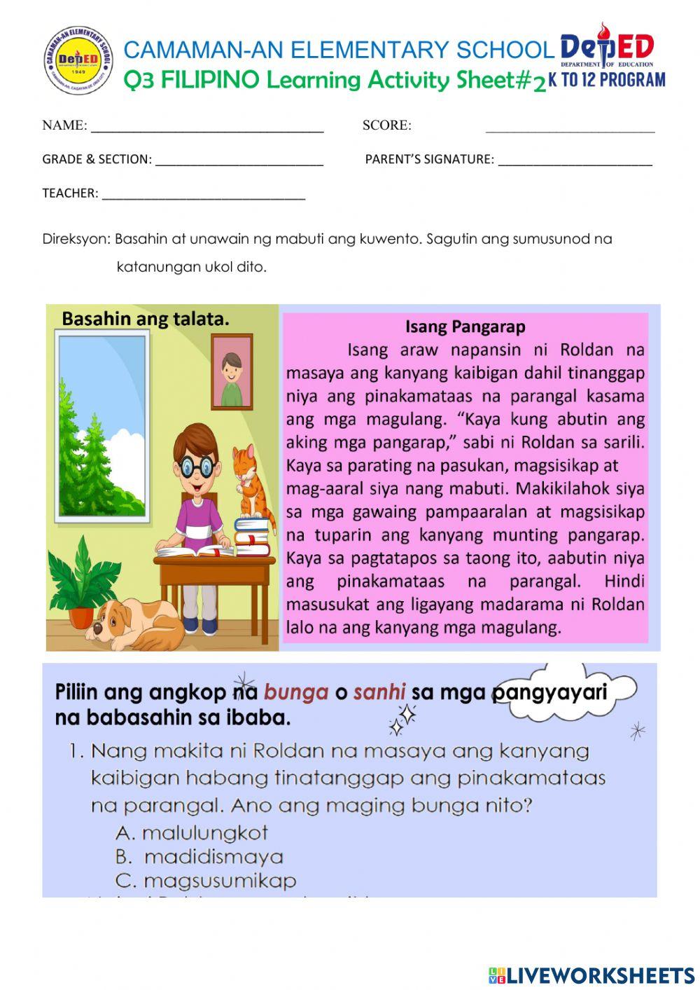 Q3 week 2 filipino learning act. sheet 2 worksheet | Live Worksheets Q3 week 2 filipino learning act. sheet 2 worksheet | Live Worksheets