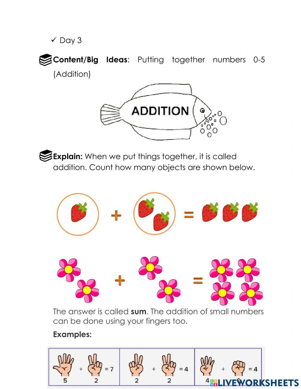 Addition Below 10 activity | Live Worksheets