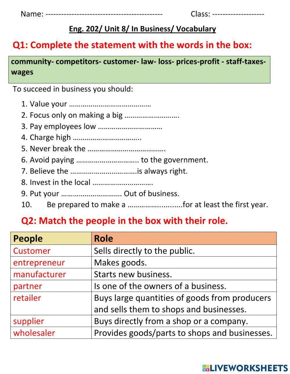 Business free exercise | Live Worksheets