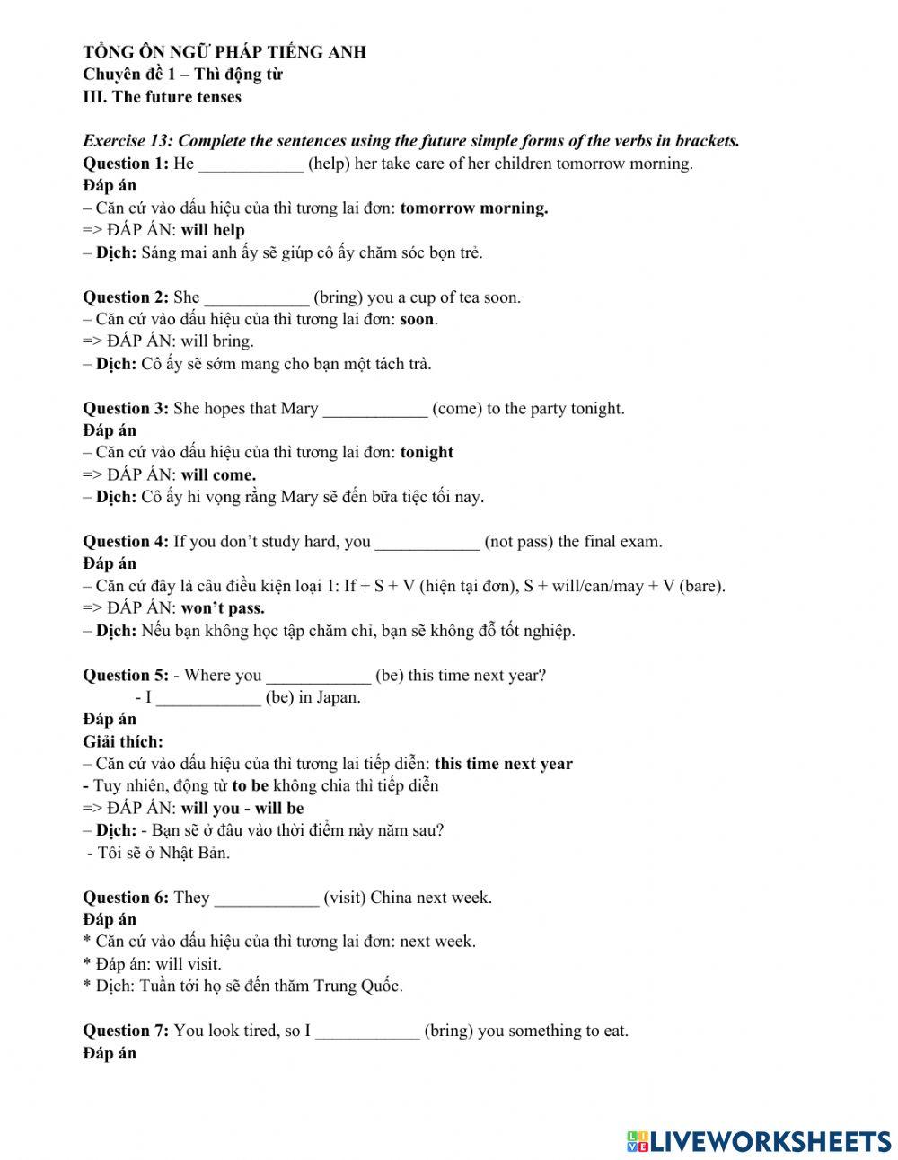 English uni-future tense key 13 worksheet | Live Worksheets