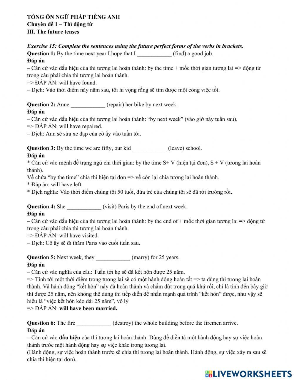 English uni-future tense key 15 worksheet | Live Worksheets