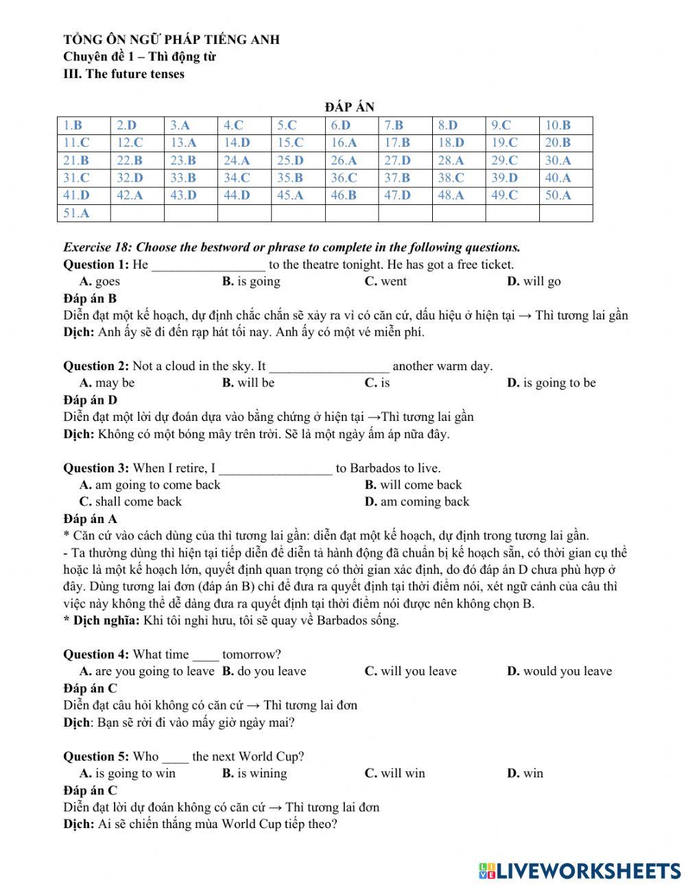 English uni-future tense key 18 worksheet | Live Worksheets