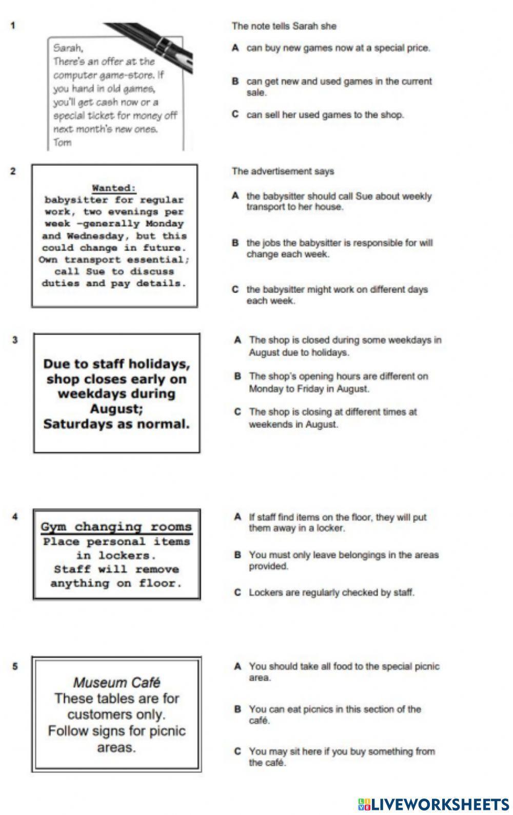 PET Reading Par… | Free Interactive Worksheets | 1873978